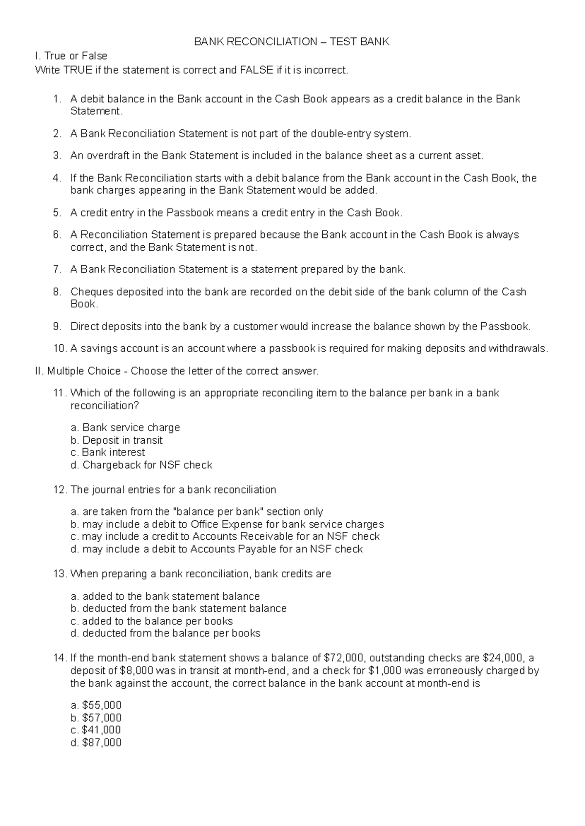 BANK RECONCILIATION TEST BANK: True/False & MCQ Review - Studocu