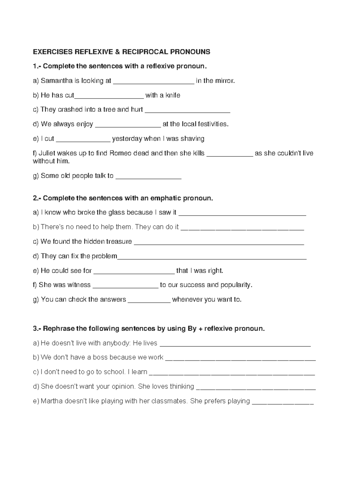 Reflexive & Reciprocal Pronouns Exercises for Practice - Studocu