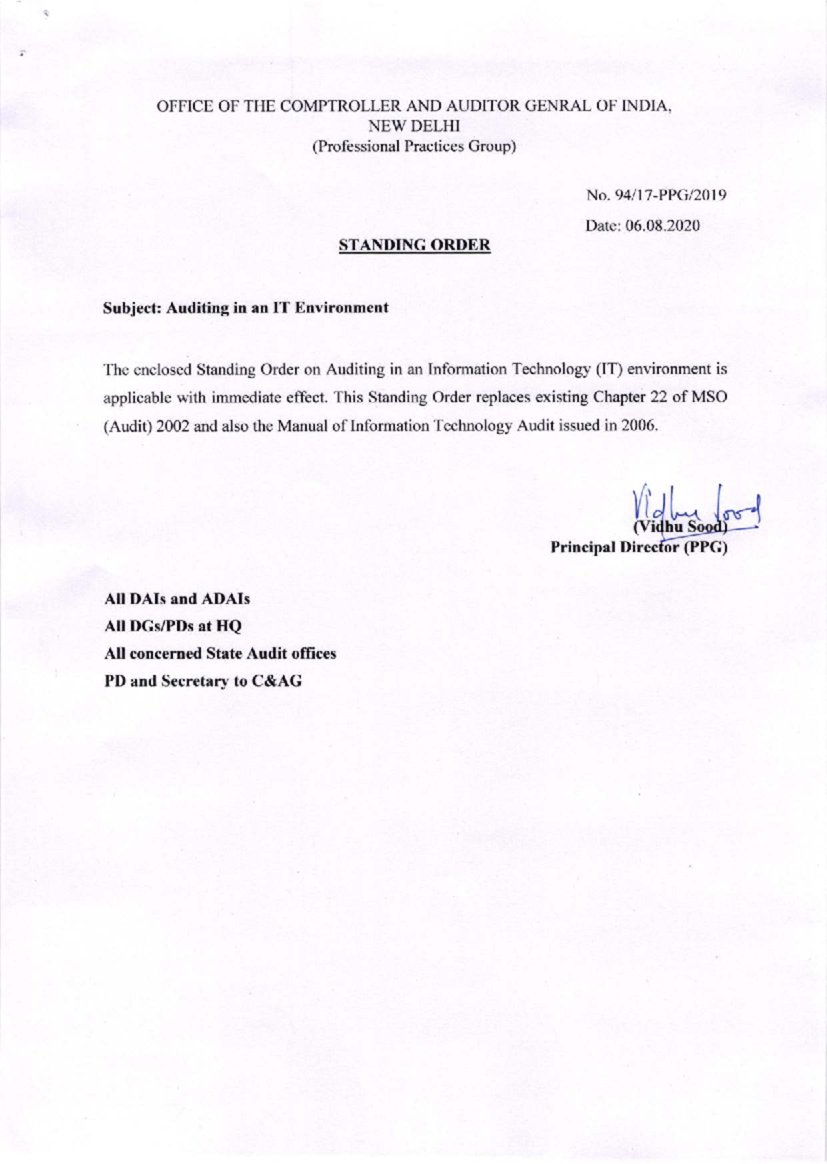 Standing Order on Auditing in IT Environment - Studocu