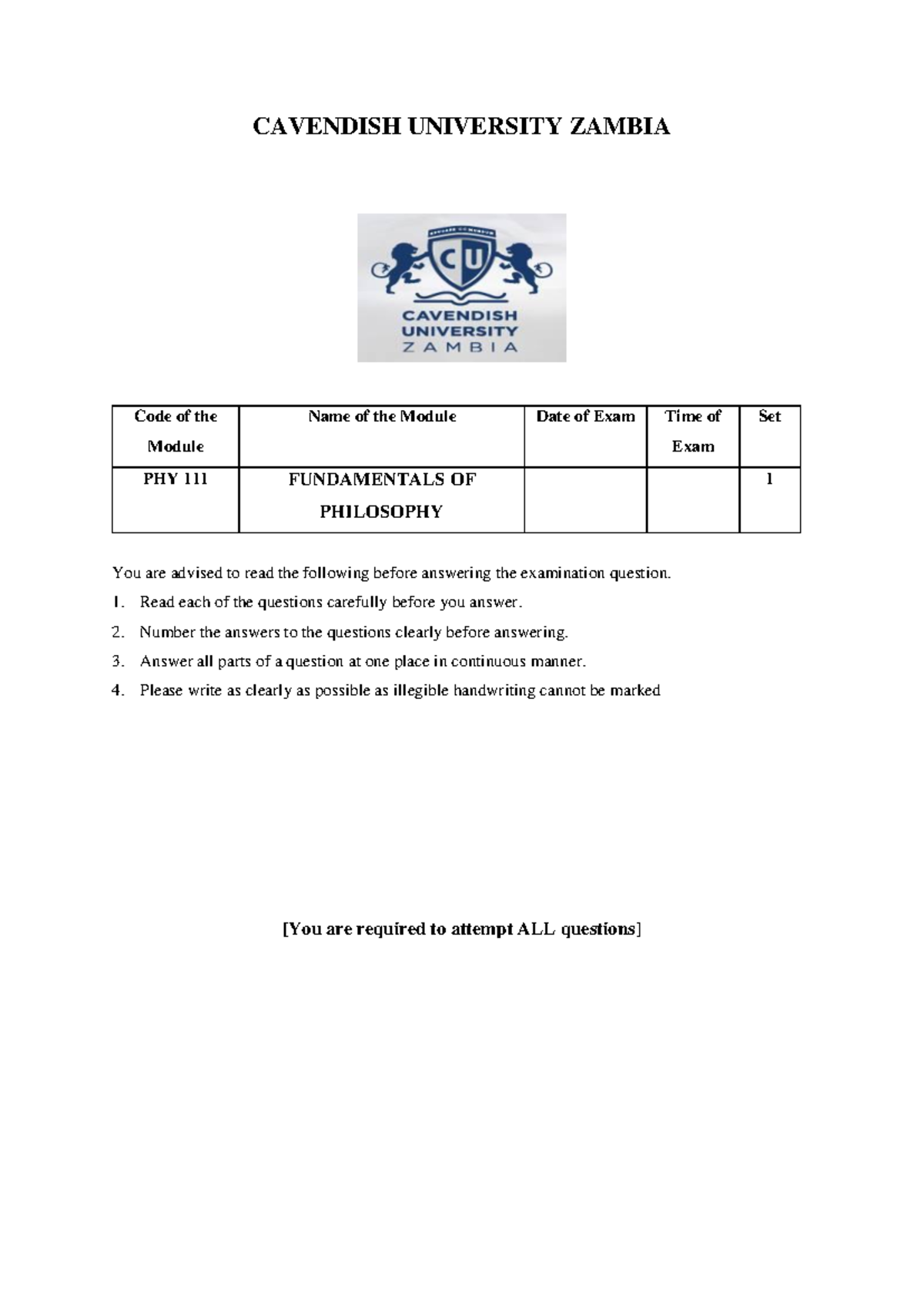 PHY 101 Final Exam: Fundamentals of Philosophy Questions - Studocu
