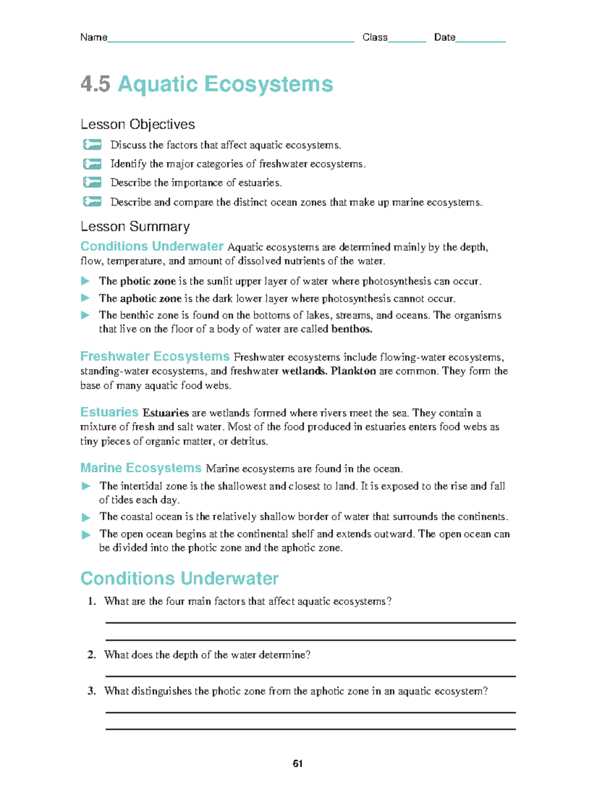 Aquatic Ecosystems Lesson: Freshwater, Estuaries & Marine Zones - Studocu