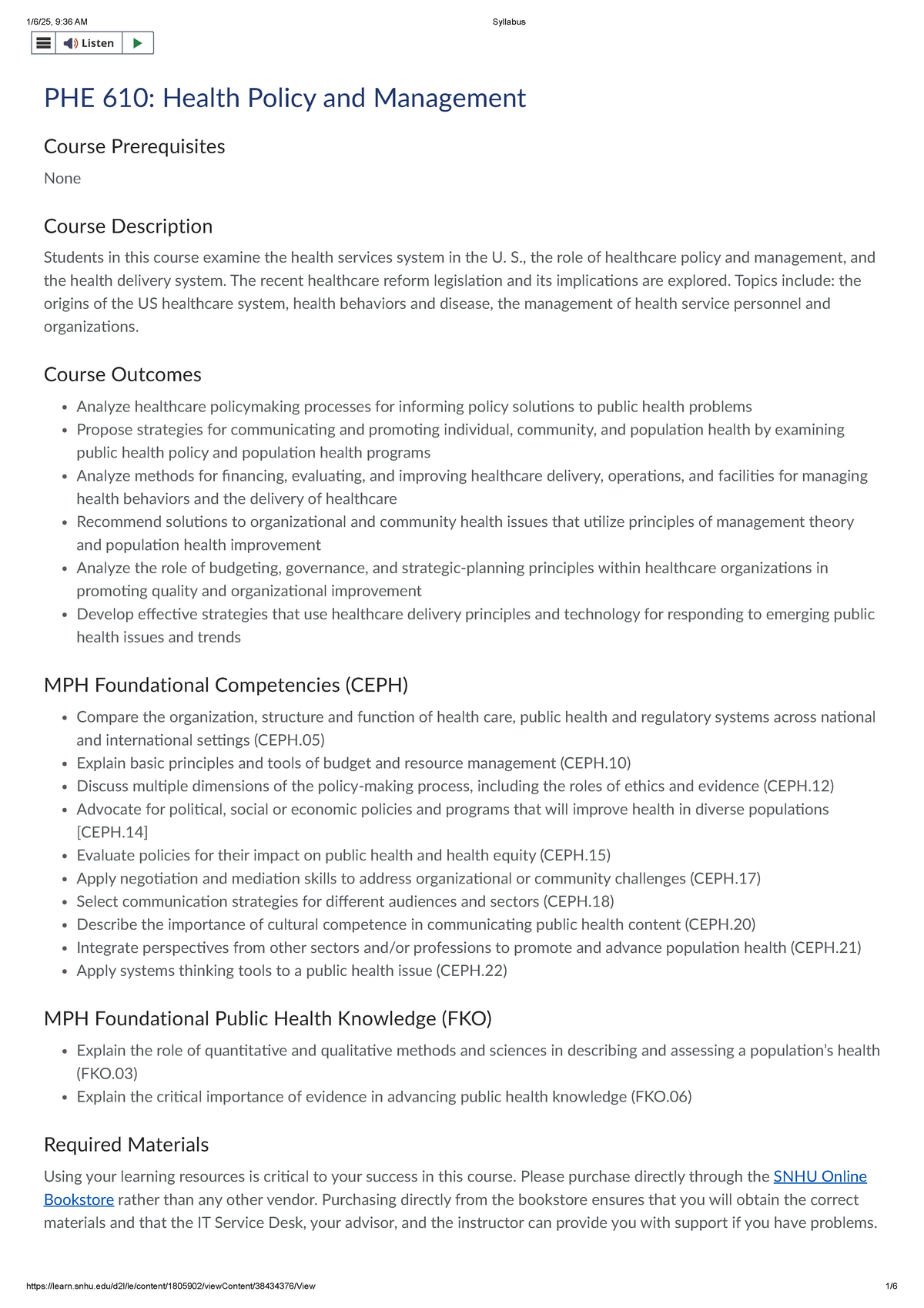 PHE 610 Health Policy and Management Course Syllabus Overview - Studocu