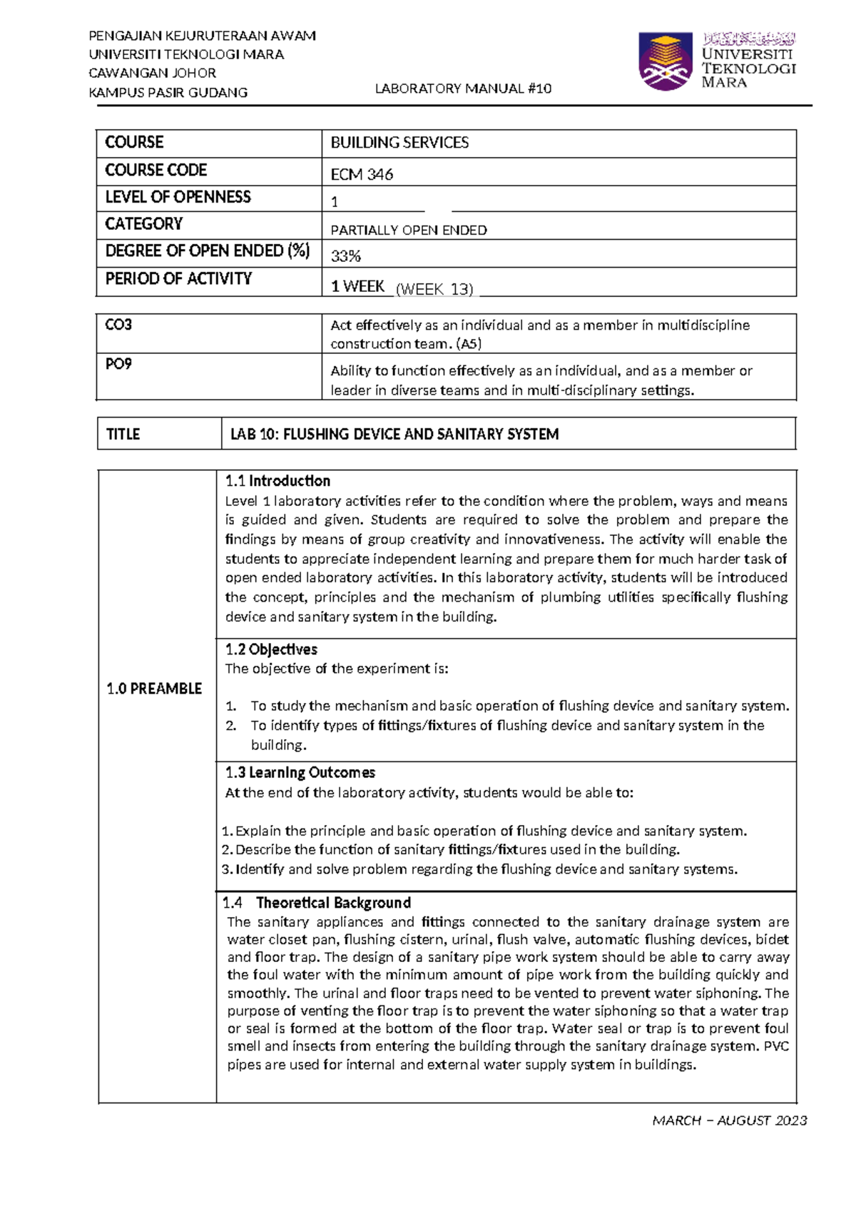 10.ECM346 Lab 10: Flushing Device & Sanitary System Overview - Studocu