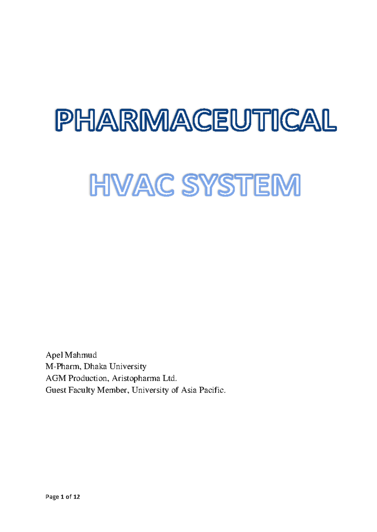 Pharmaceutical HVAC System Overview and Validation - AGM 2023 - Studocu