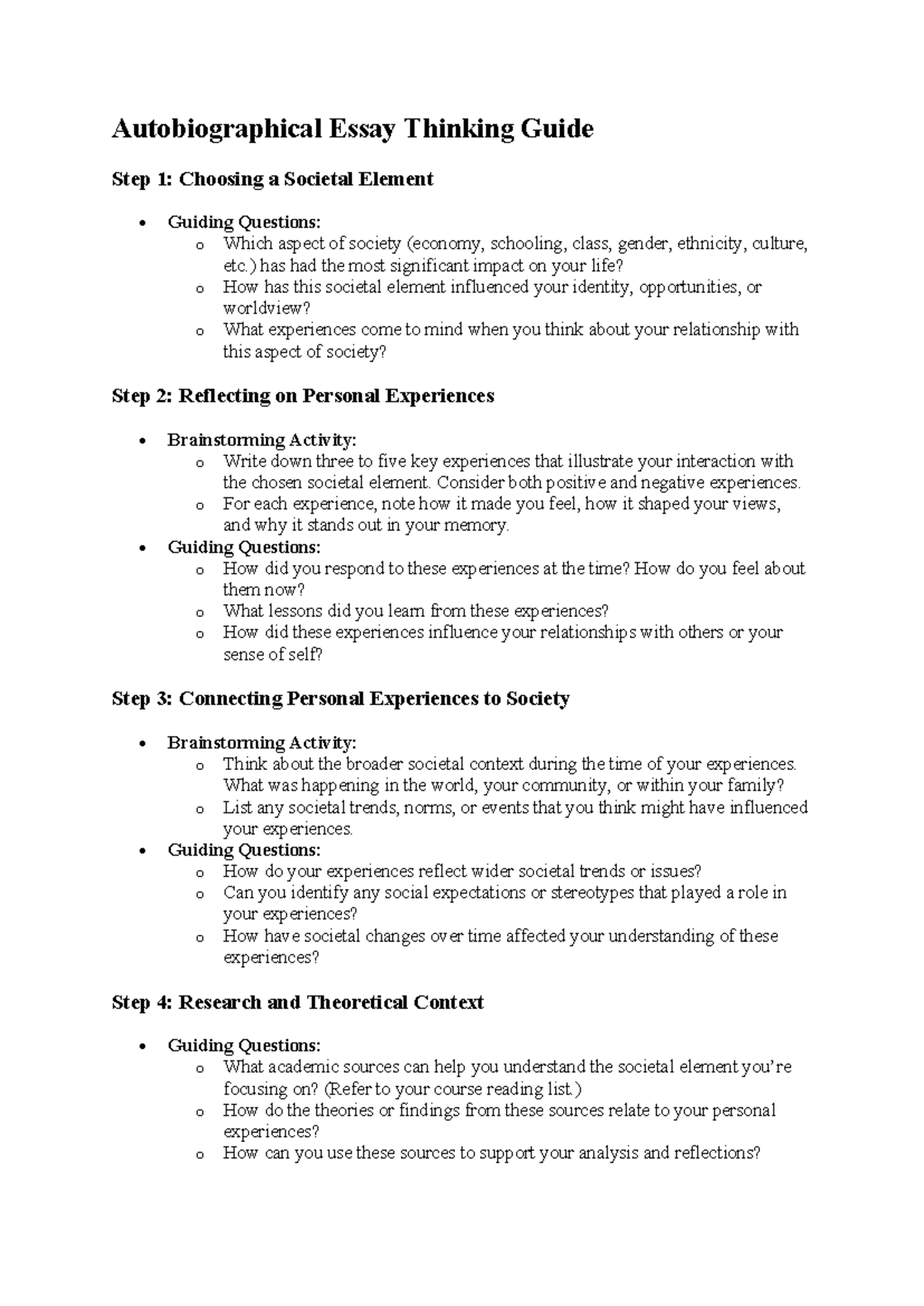 ENG 101: Autobiographical Essay Reflection & Guiding Steps - Studocu
