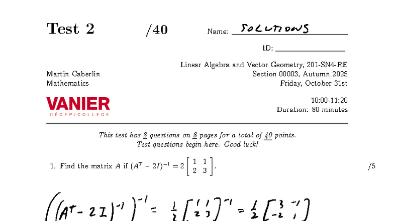 Test 2 Solutions: Linear Algebra & Vector Geometry (Autumn 2025) - Studocu