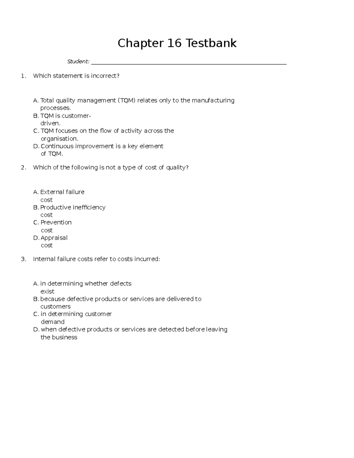 AF201 Chapter 16 Quiz Test Bank: Quality Management Concepts and Costs ...