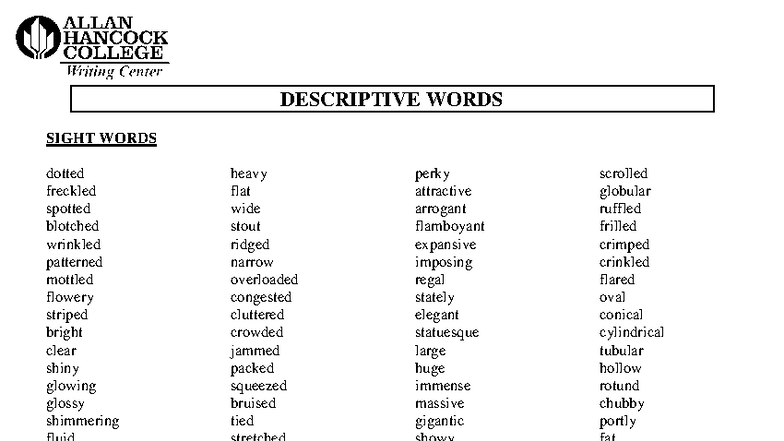 ENG 101: Descriptive Words and Sight Words Vocabulary List - Studocu