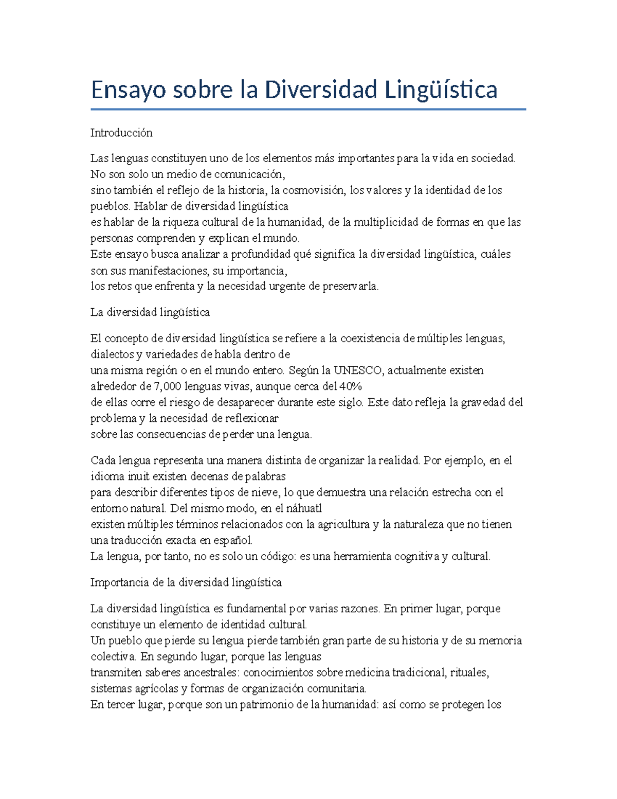 Ensayo sobre la Diversidad Lingüística y su Importancia - Studocu