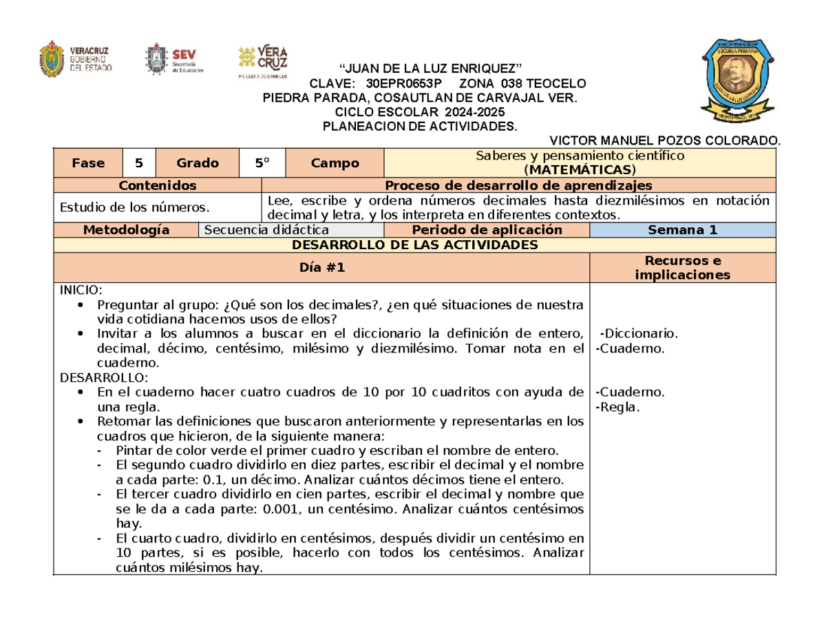 Planeación de Actividades de Matemáticas 5º Grado - Ciclo Escolar 2024 ...