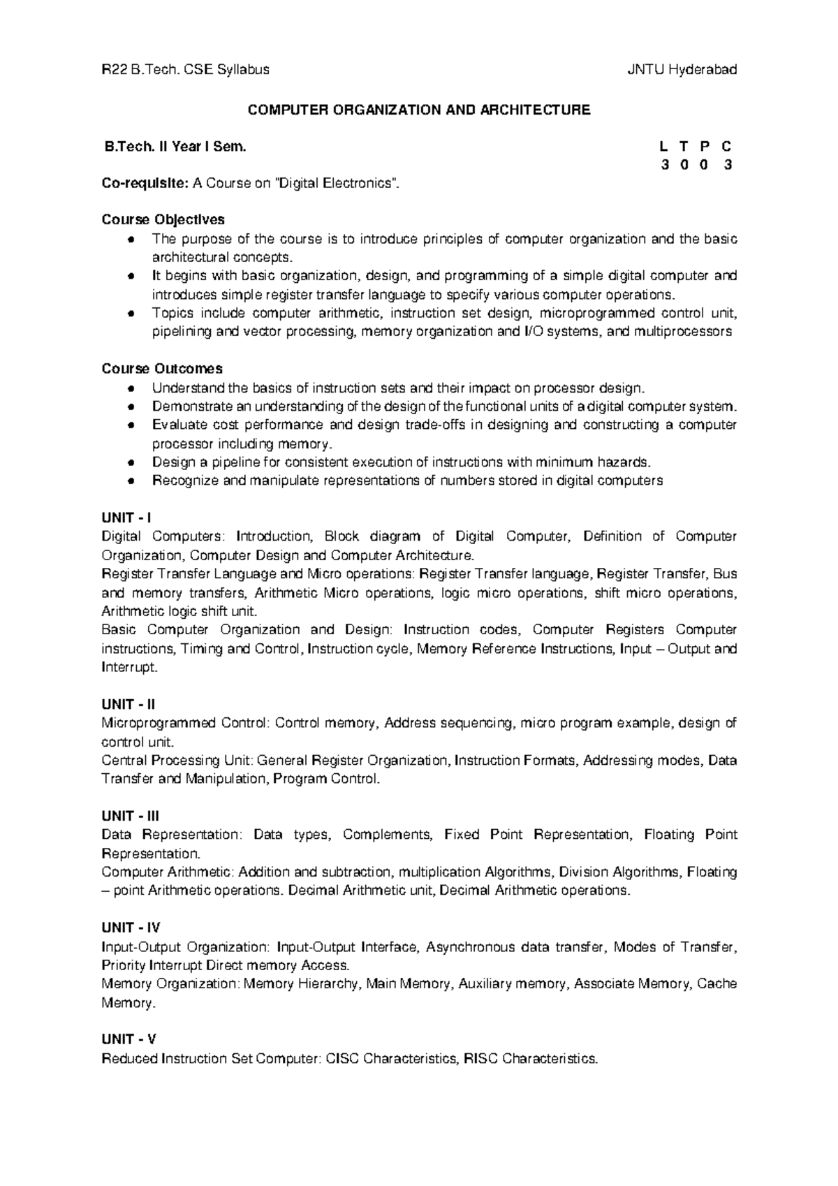 COA - R22 Syllabus - R22 B. CSE Syllabus JNTU Hyderabad COMPUTER ORGANIZATION AND ARCHITECTURE B ...