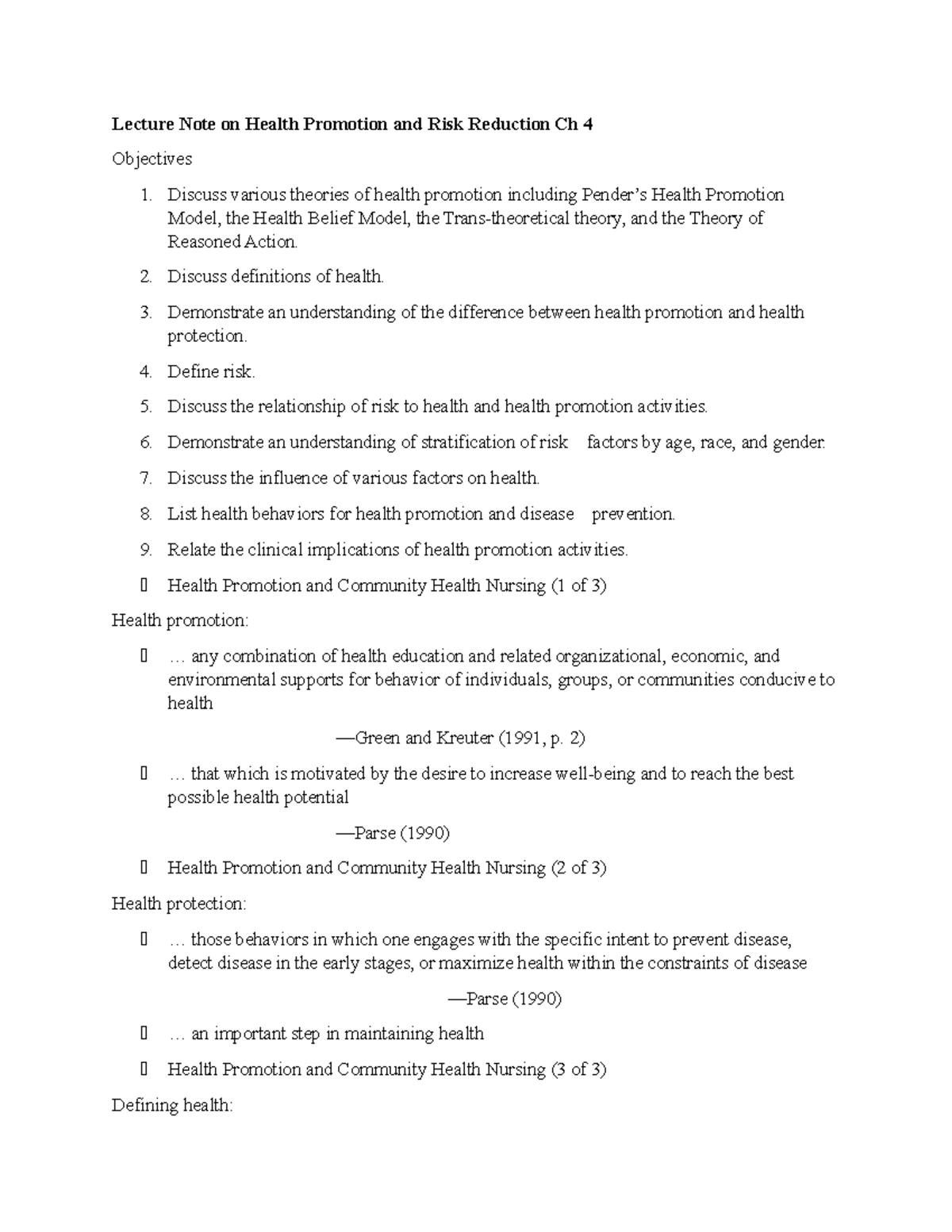 Health Promotion & Risk Reduction Lecture Notes Ch 4 - Key Concepts ...