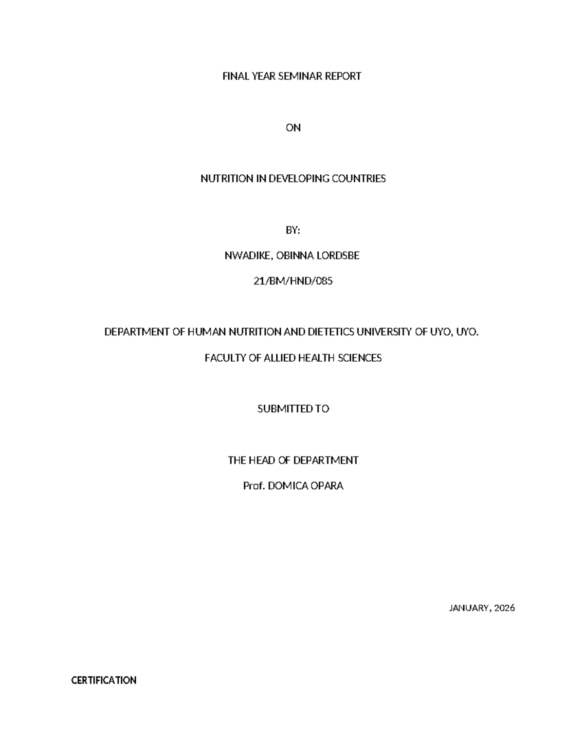 FINAL YEAR SEMINAR REPORT ON NUTRITION IN DEVELOPING COUNTRIES: HND ...