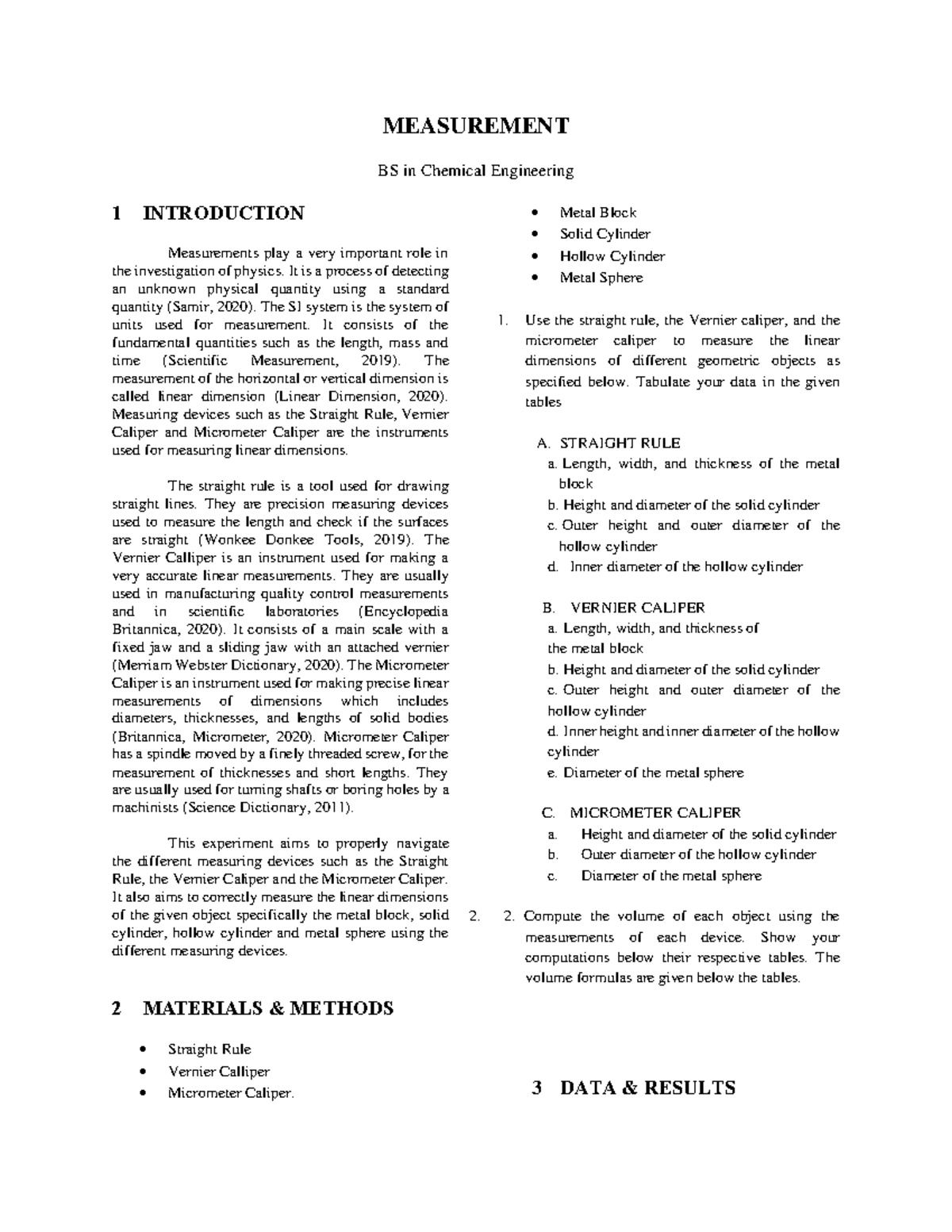 Experiment Number 1Measurement - MEASUREMENT BS in Chemical Engineering ...