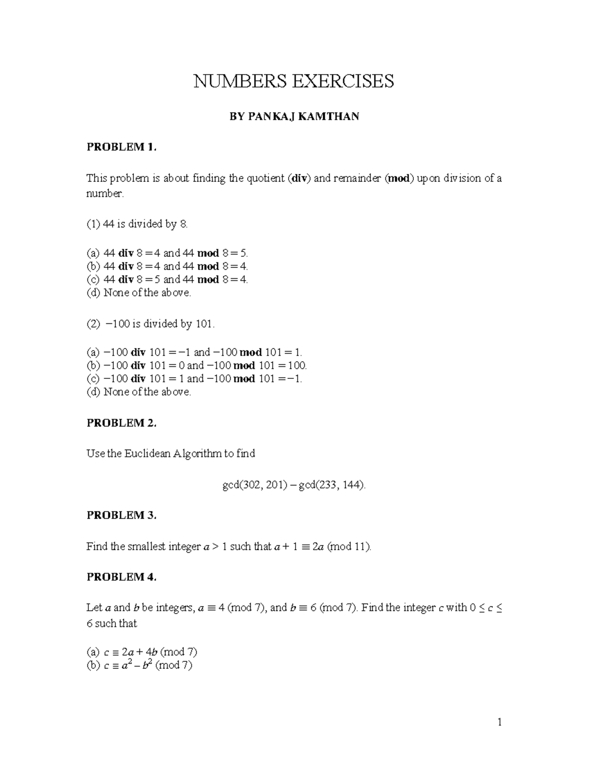 Numbers exercises - textbook problems with solutions - 1 NUMBERS EXERCISES BY PANKAJ KAMTHAN ...