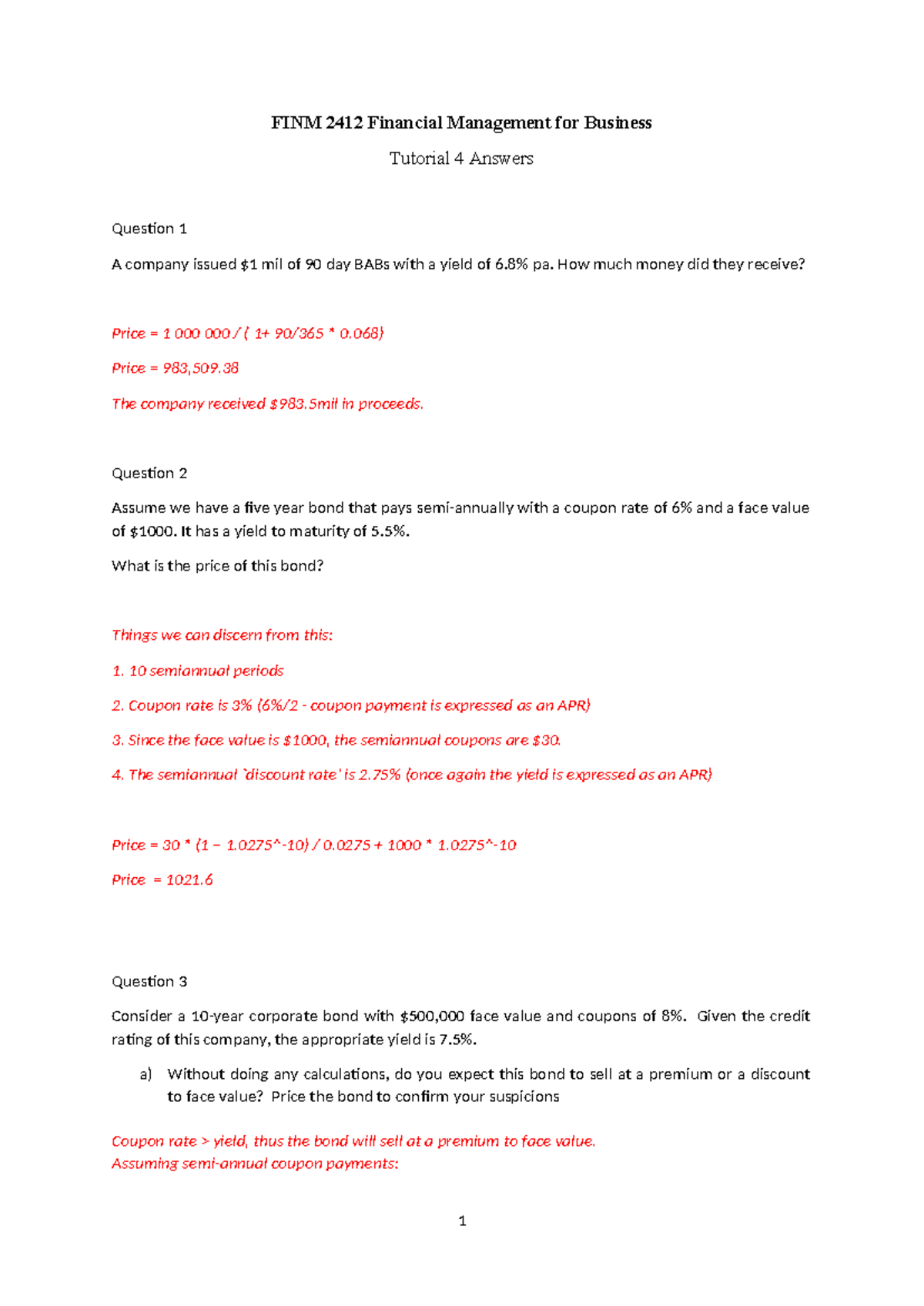 Tutorial 4 Answers - FINM 2412 Financial Management for Business ...