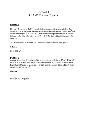 Solutions - PH2103 Thermal Physics Tutorial 3 - Tutorial 3 PH2103 ...