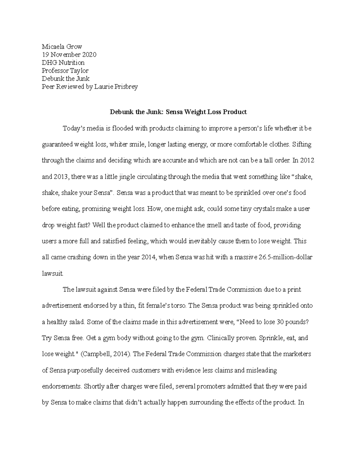 DHG Nutrition Essay: Analyzing the Sensa Weight Loss Claims - Studocu