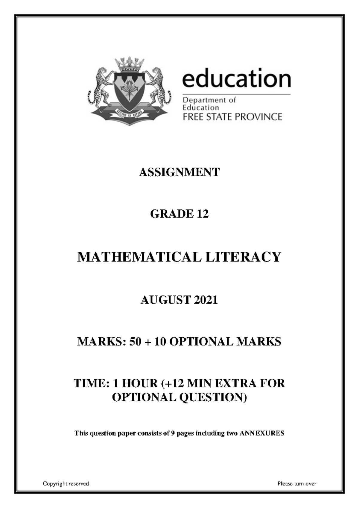 Grade 12 Mathematical Literacy Term 3 Assignment - Aug 2021 - Studocu
