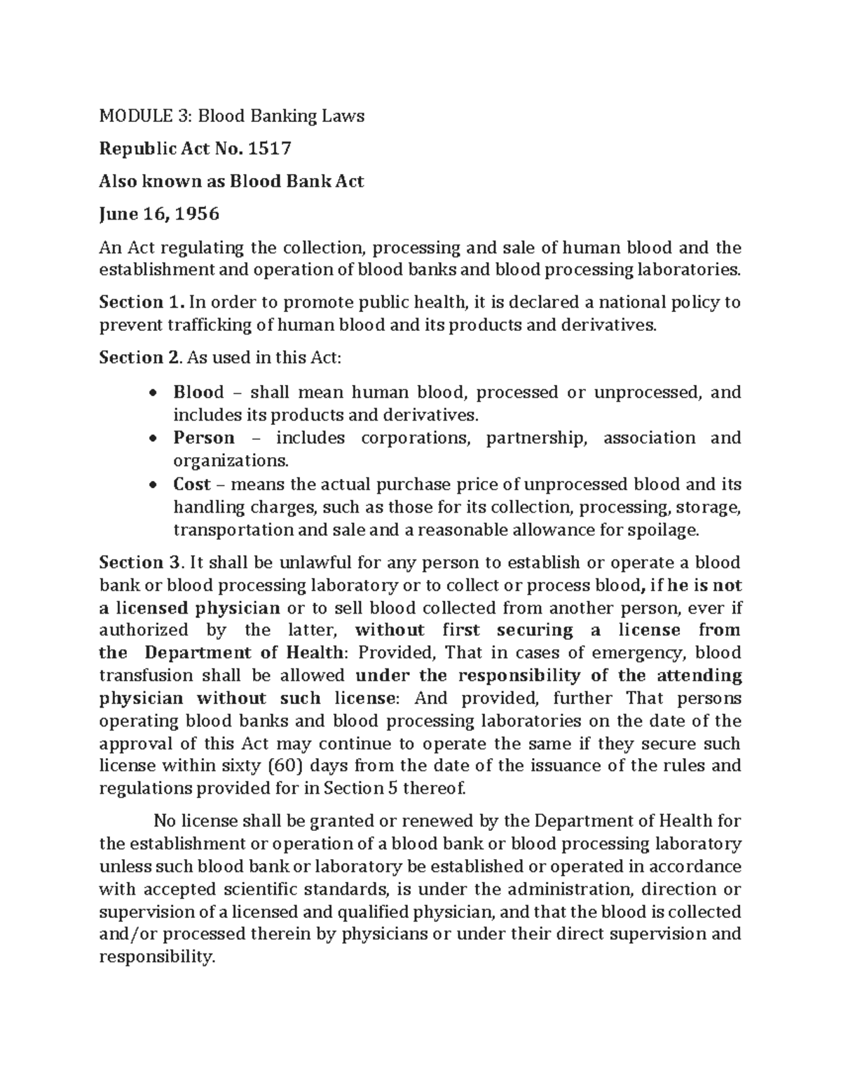 Module 3 - Medtech Laws and Bioethics notes - MODULE 3: Blood Banking ...