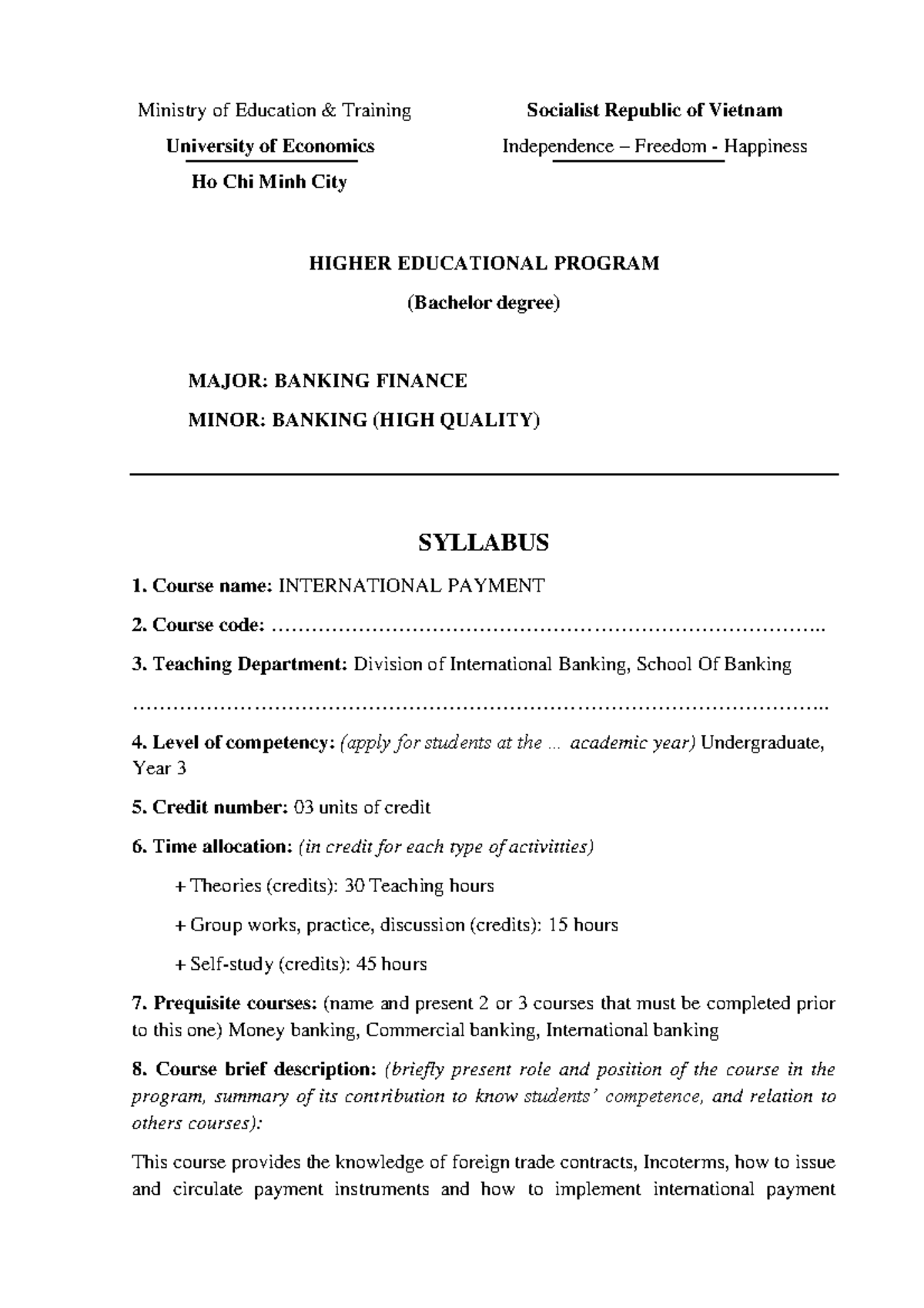 Syllabus for International Payment Course - Banking Finance ...