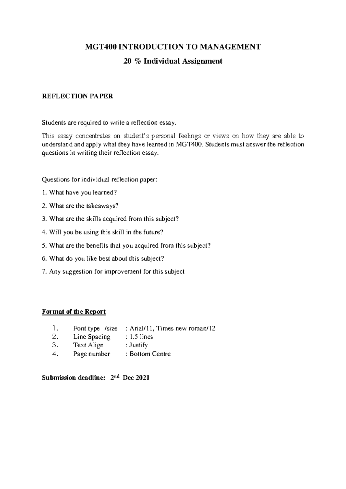 Individual Assignment( Reflection Paper) 2.11 - MGT400 INTRODUCTION TO ...