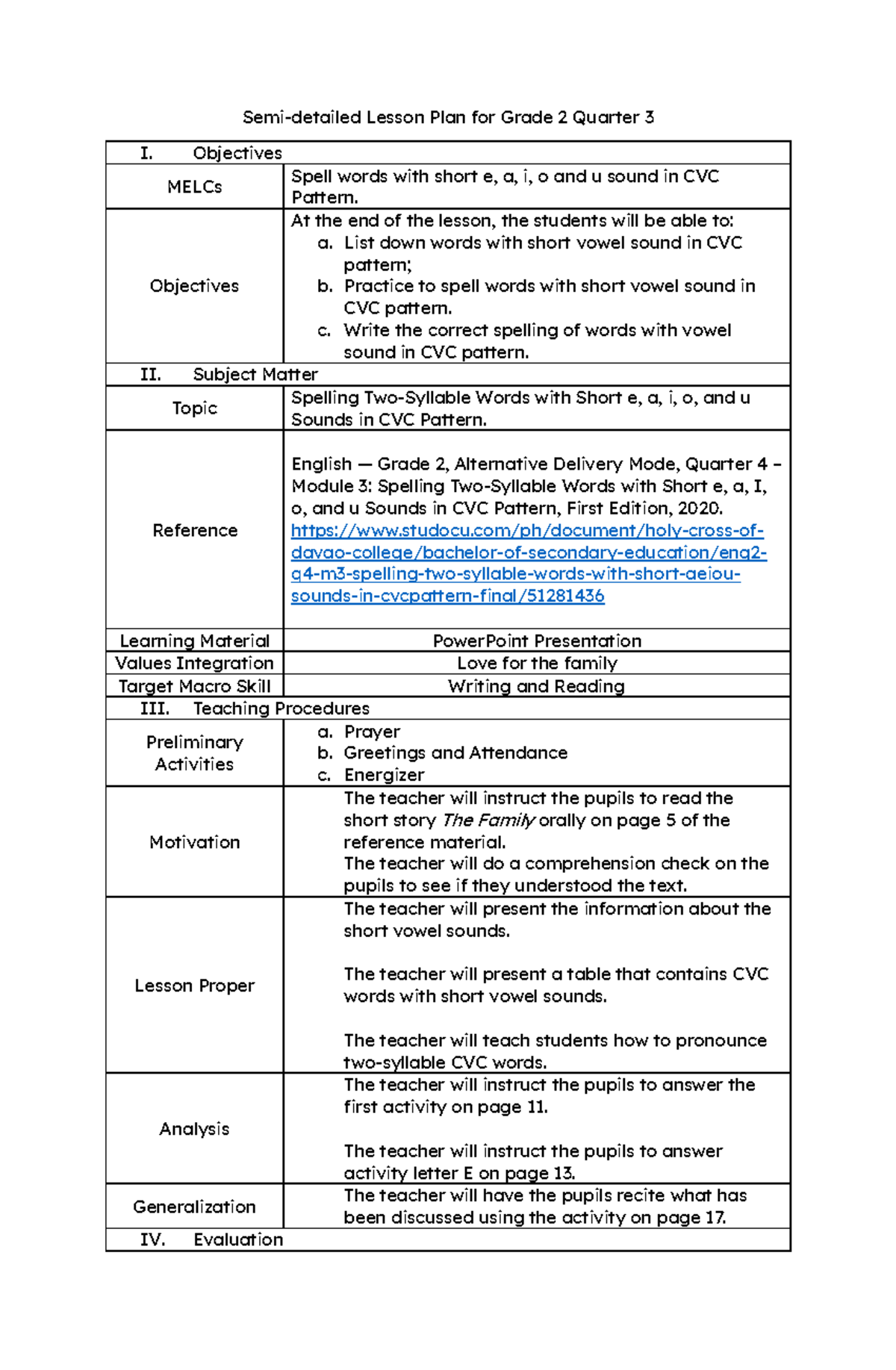 Grade 2 SEE112 Lesson Plan: Spelling with CVC Patterns - Studocu