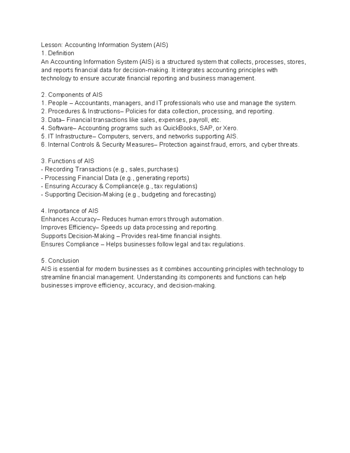 AIS - N/A - Lesson: Accounting Information System (AIS) Definition An ...