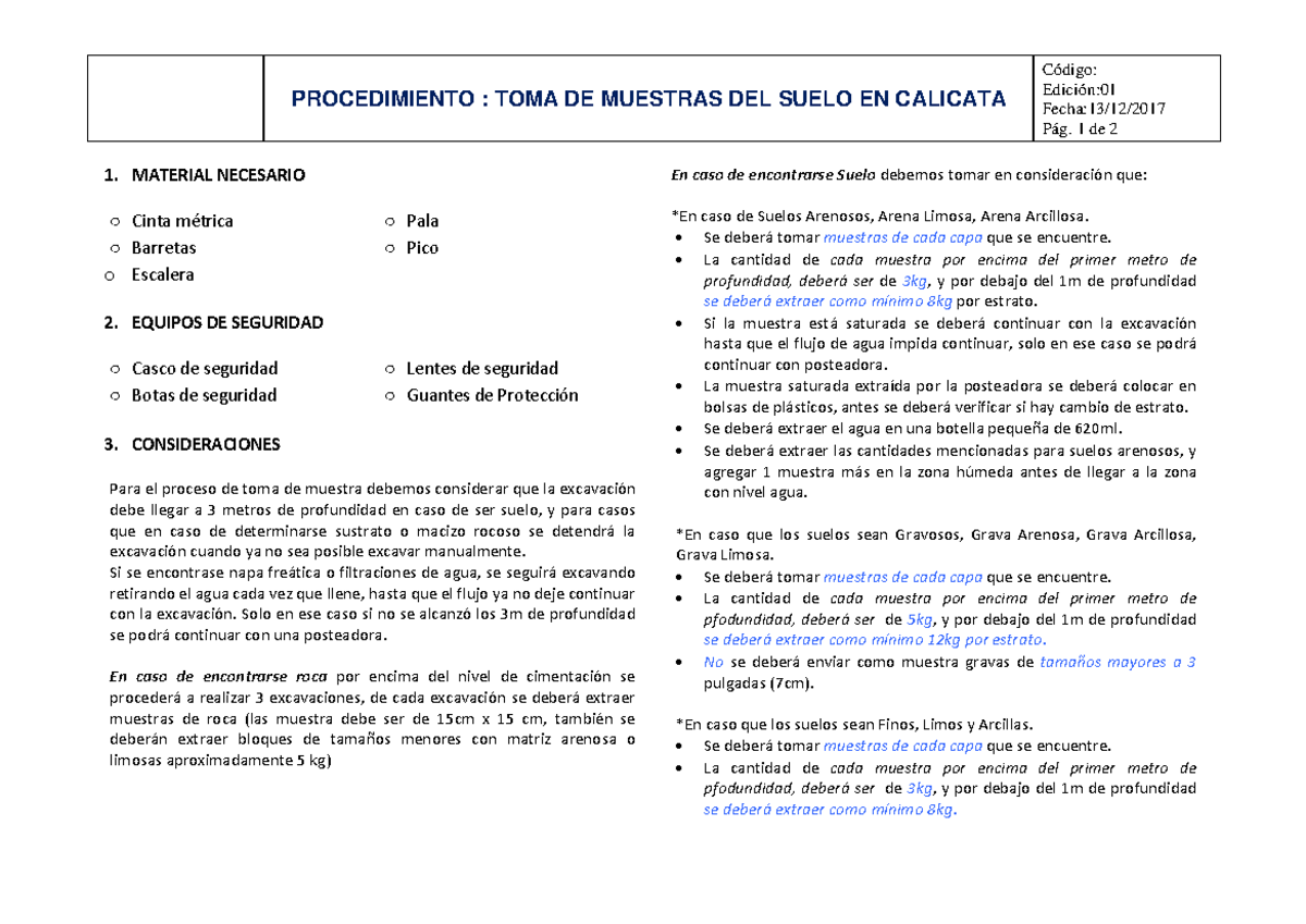 Procedimiento de Toma de Muestras de Suelo en Calicata - Mecánica de ...