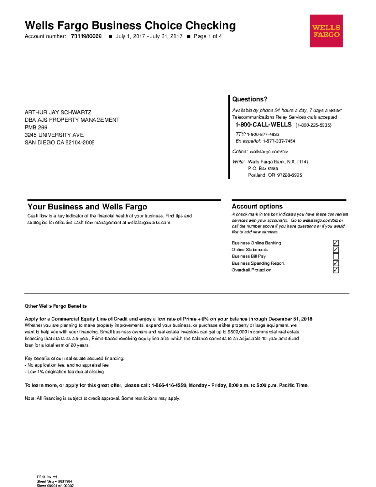 Wells Fargo Business Checking Statement - July 2017 (Acct #7311980069 ...