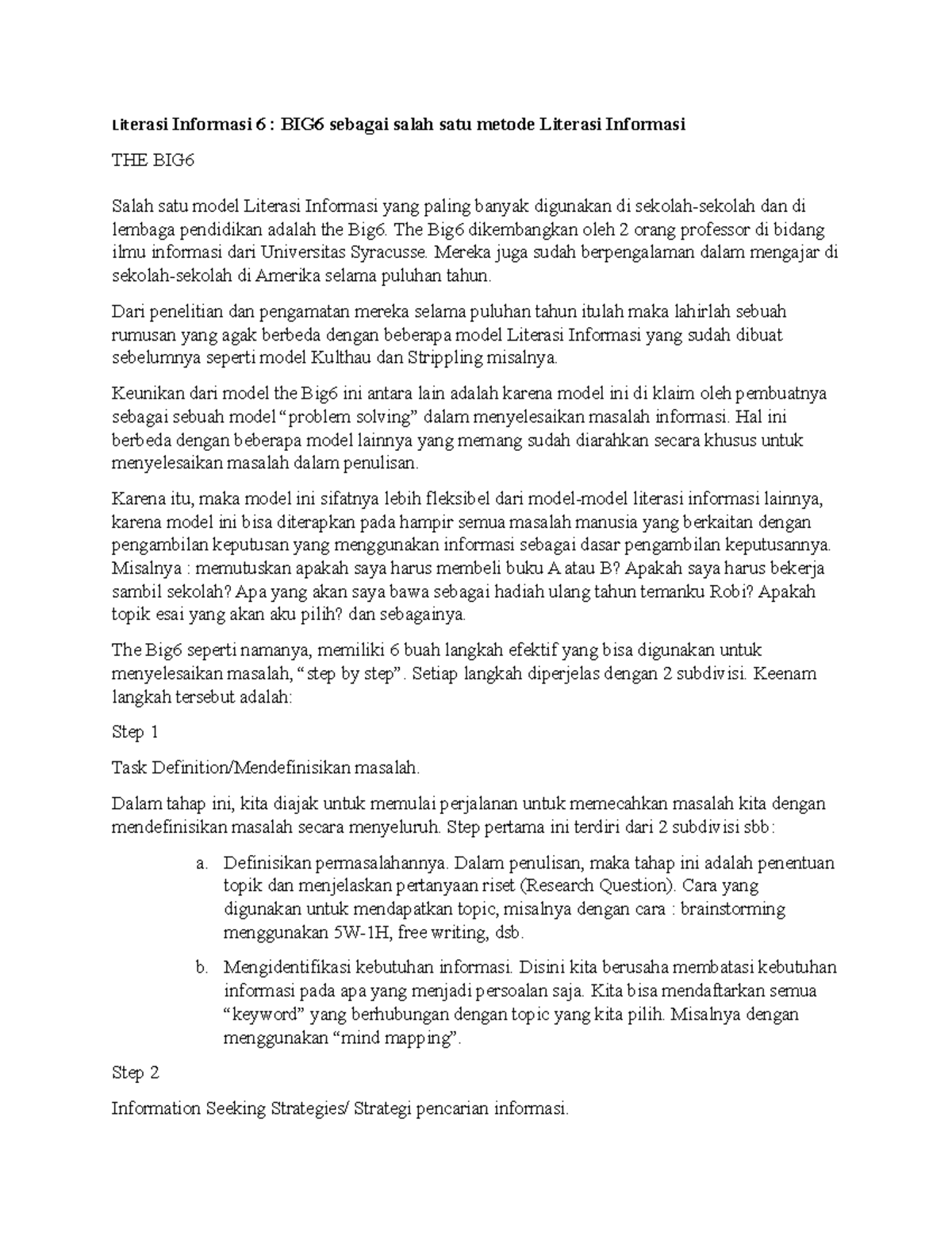 Literasi Informasi: Memahami Model BIG6 dalam Pendidikan - Studocu