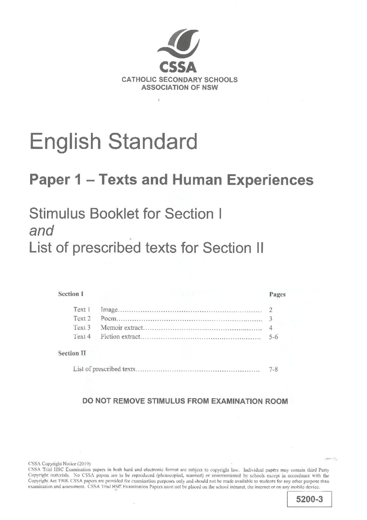 2019 CSSA HSC English Std Paper 1 Texts & Human Experiences Stimulus ...