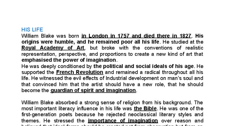 HIS 101: William Blake - Life, Art, and Imagination Notes - Studocu