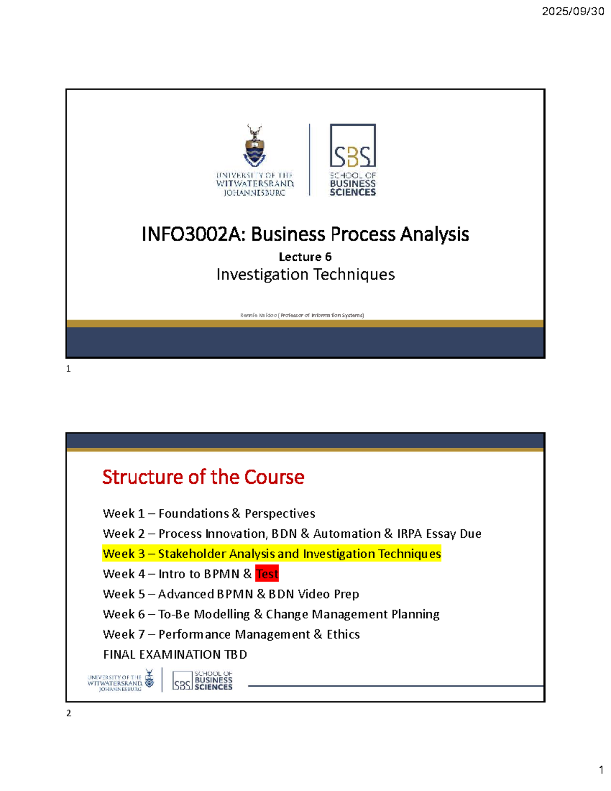INFO3002A: Lecture 6 - Investigation Techniques in Business Process ...