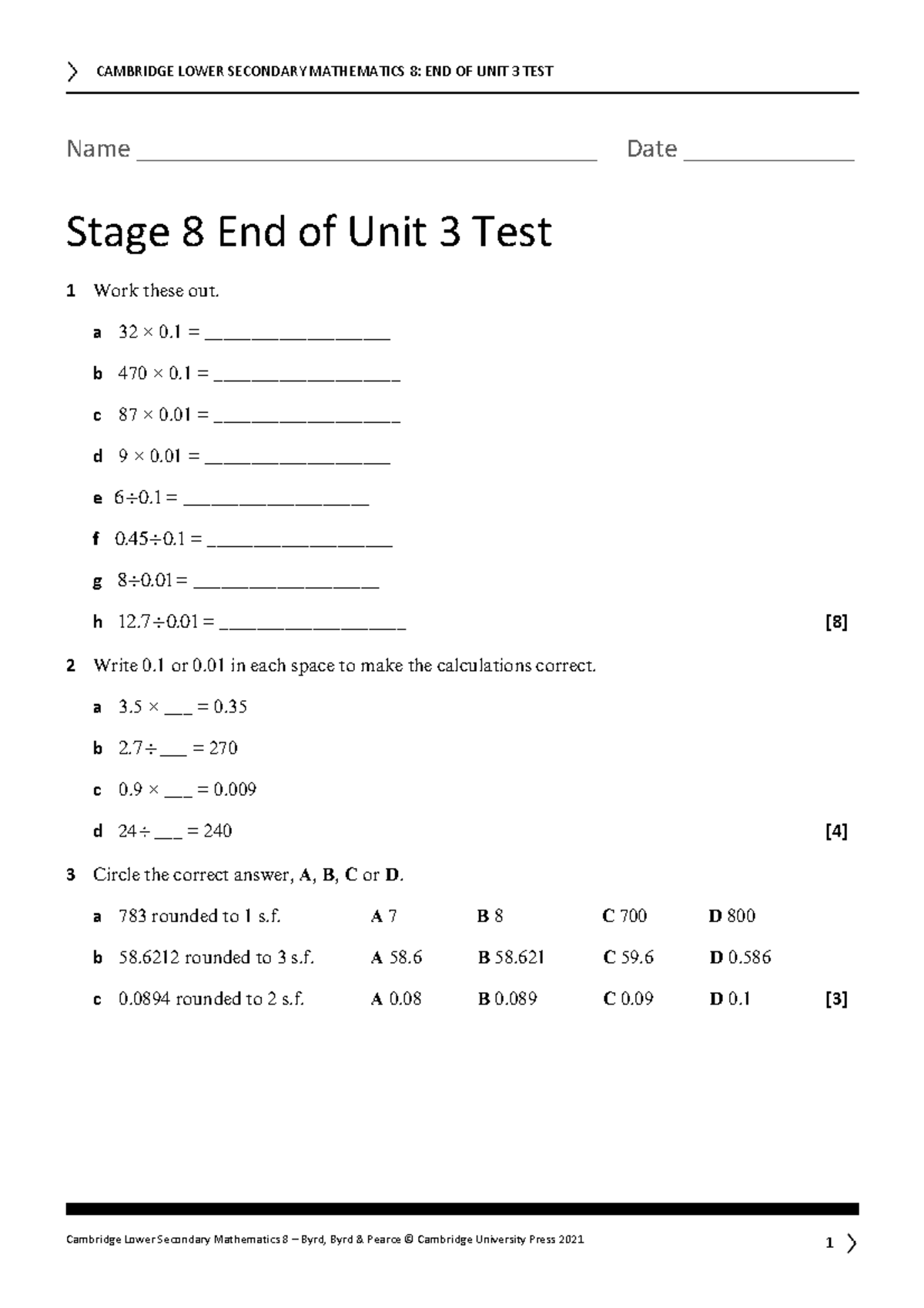 Math 2025: Cambridge Lower Secondary Mathematics 8 Unit 3 Test - Studocu