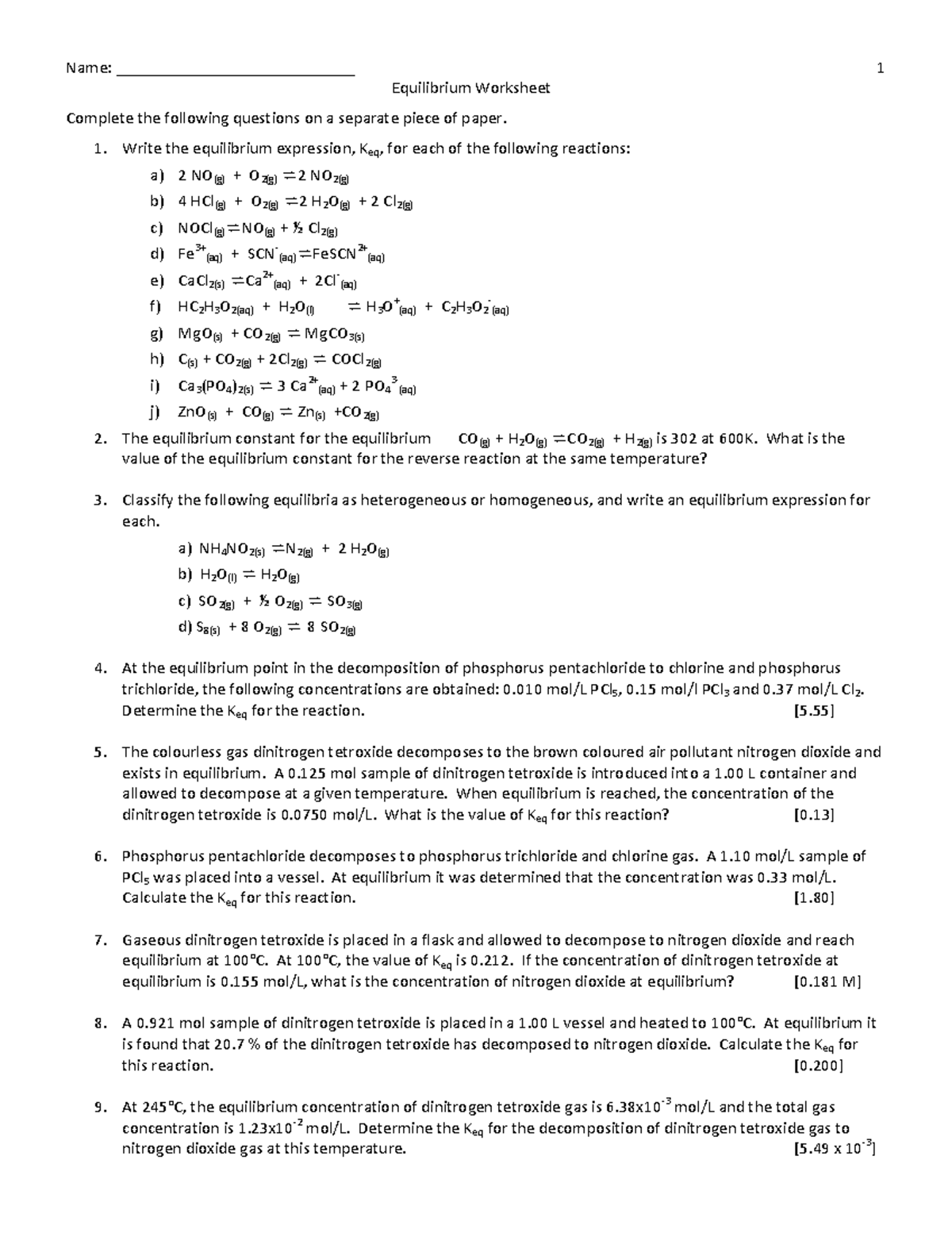 Equilibrium Constant Calculations Worksheet - CHM NO3 - Studocu