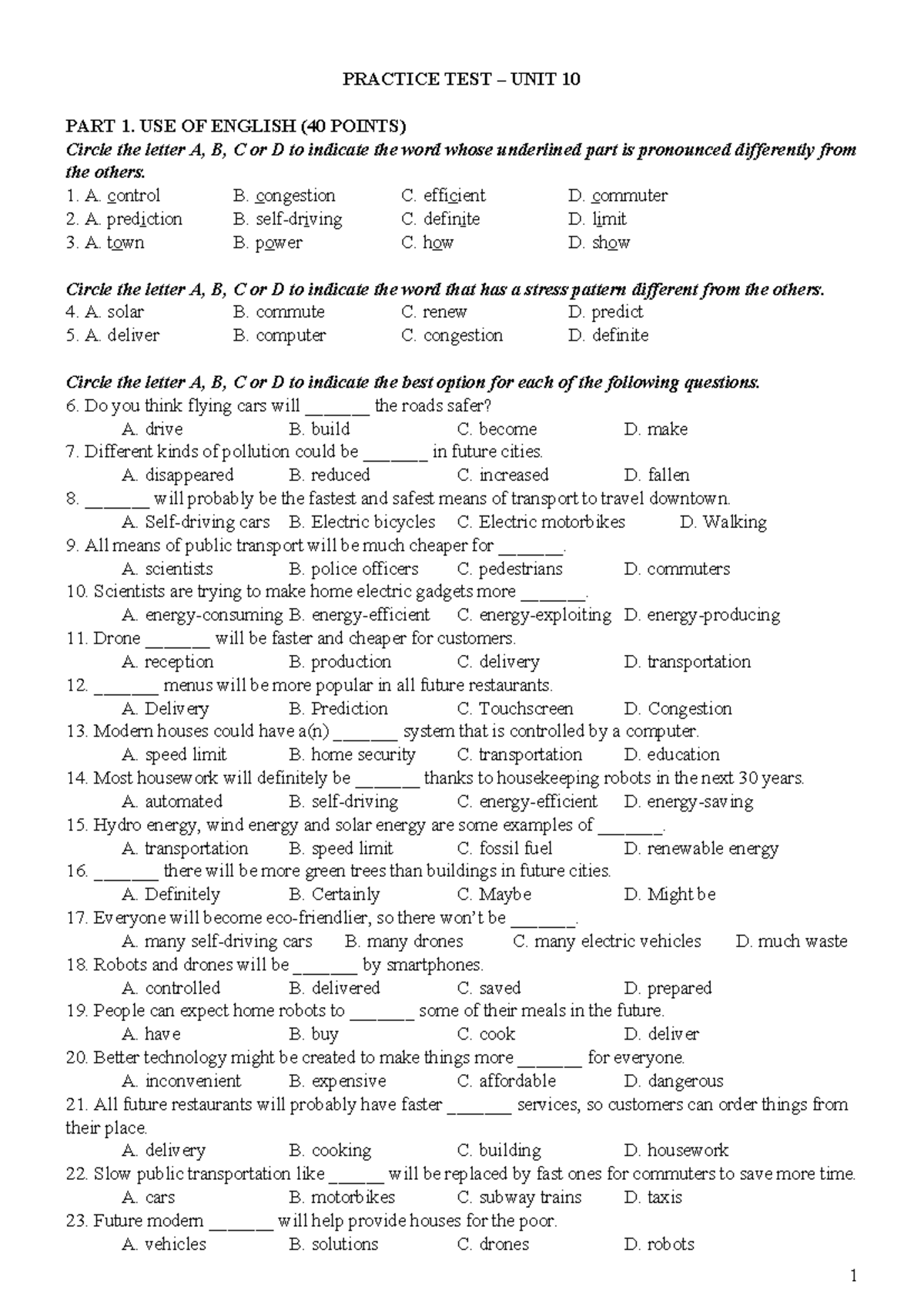 Practice Test - Unit 10: Use of English (40 Points) - Studocu