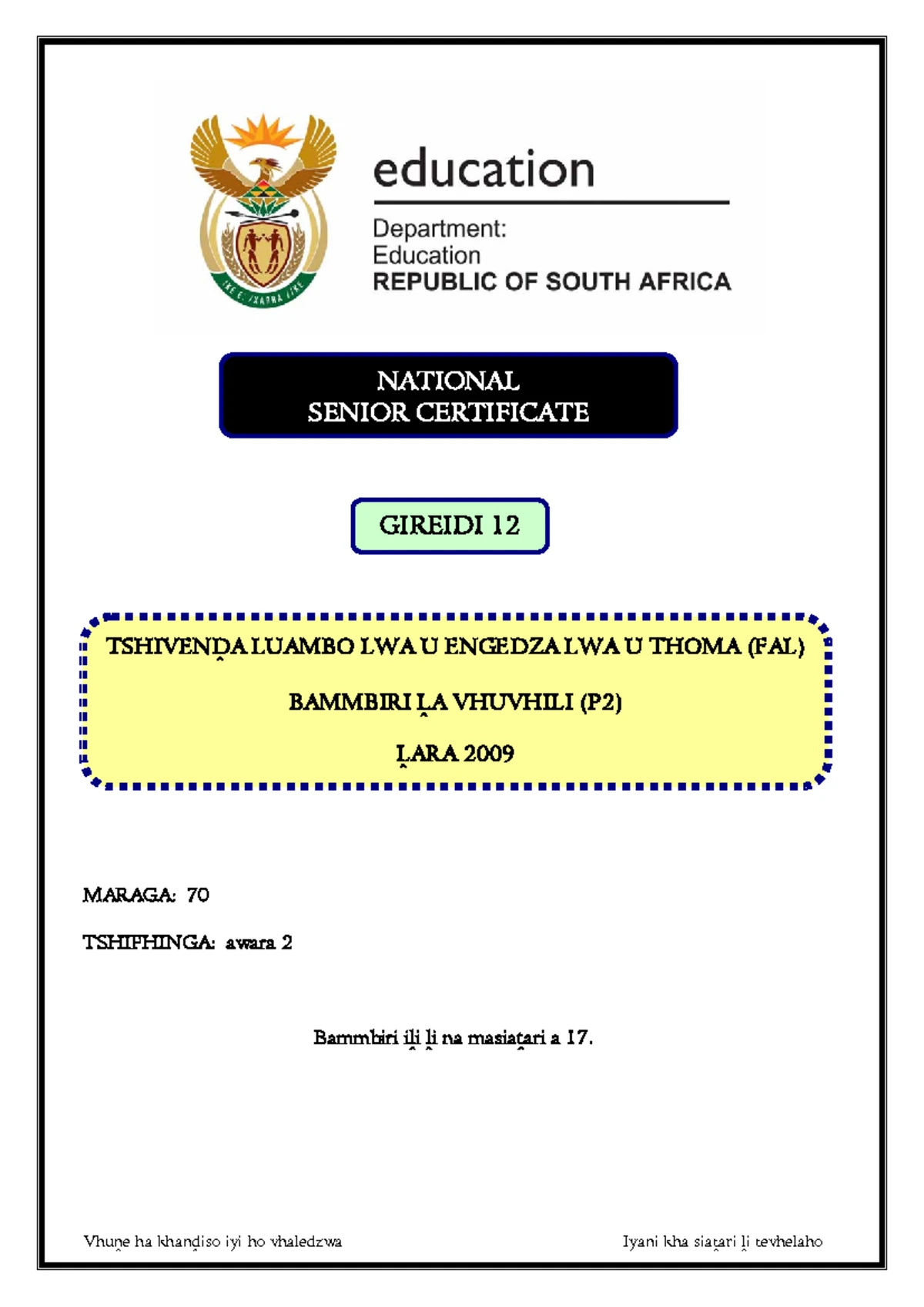 Tshivenda HL P2 final exam November 2020 question paper - Studocu