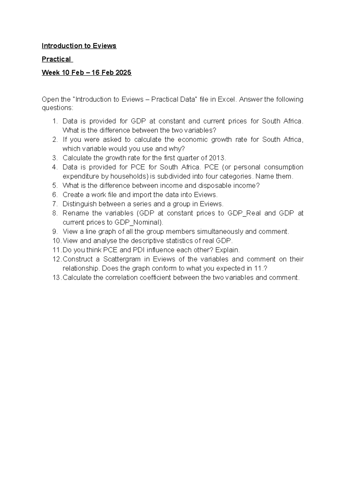ECO 101: Week 10 Intro to Eviews Practical Data Analysis Guide - Studocu