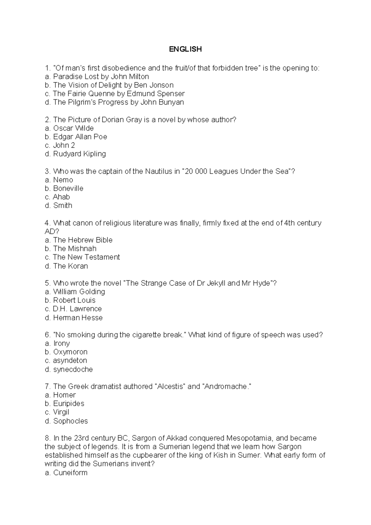 ENGLISH 1 - Test Bank Lecture Notes - Studocu