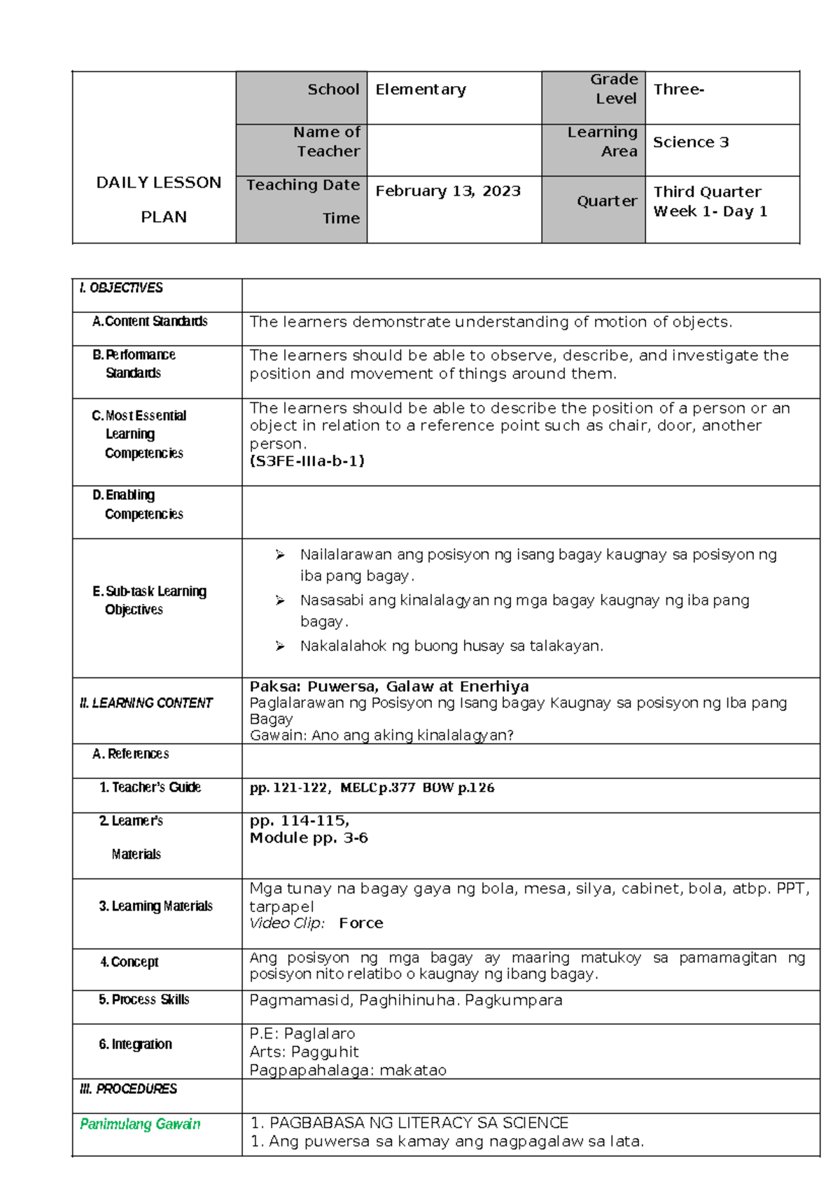 Science DLP 3 Q3: Daily Lesson Plan on Motion & Forces - Studocu