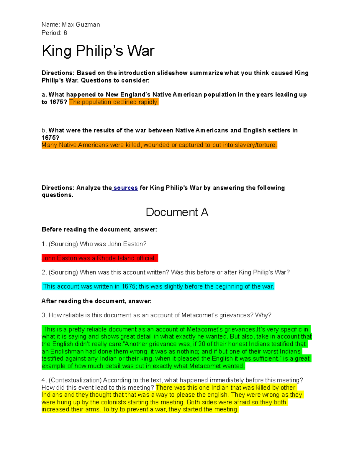 Analyzing the Causes of King Philip's War: A Study Guide (HIST 101 ...