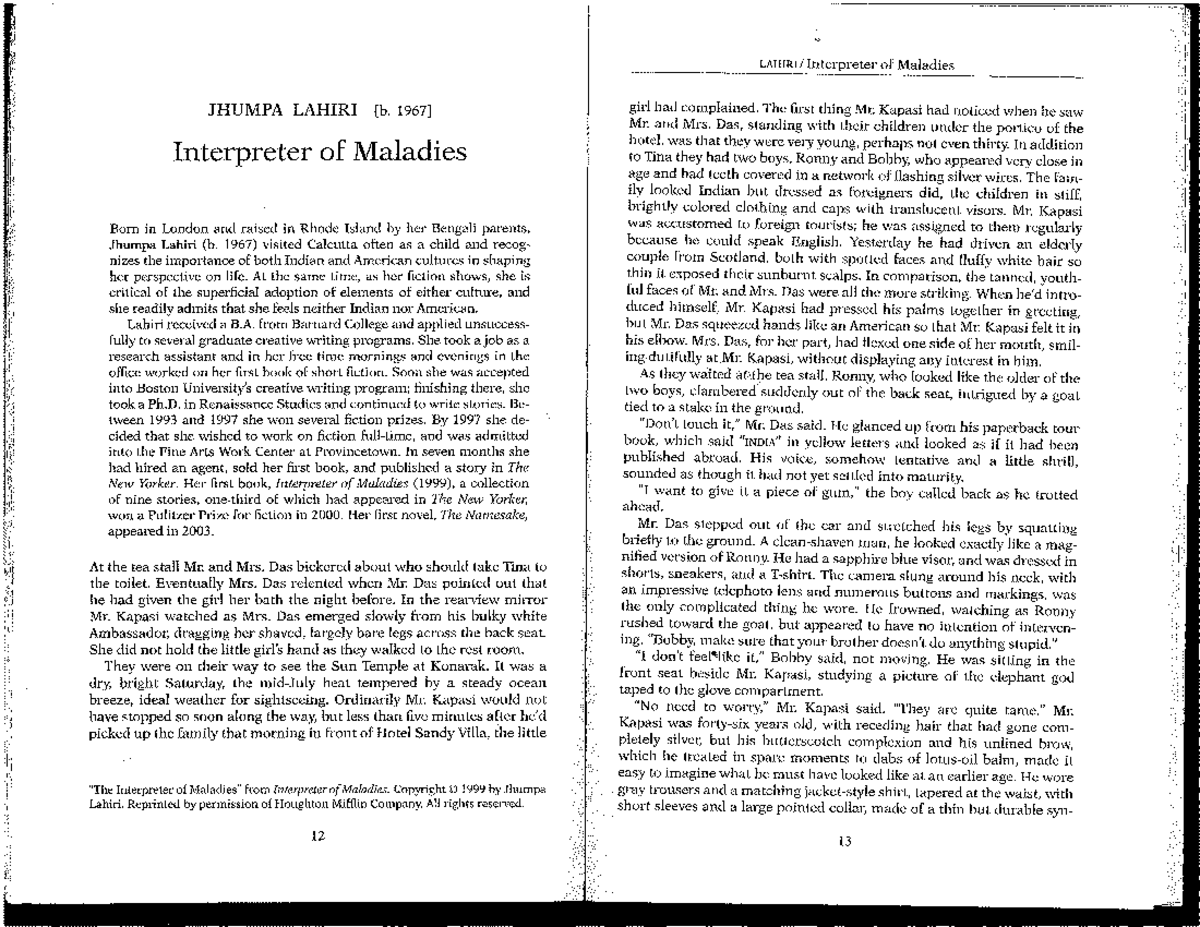 Jhumpa Lahiri's "Interpreter of Maladies" Full Text Analysis - Studocu