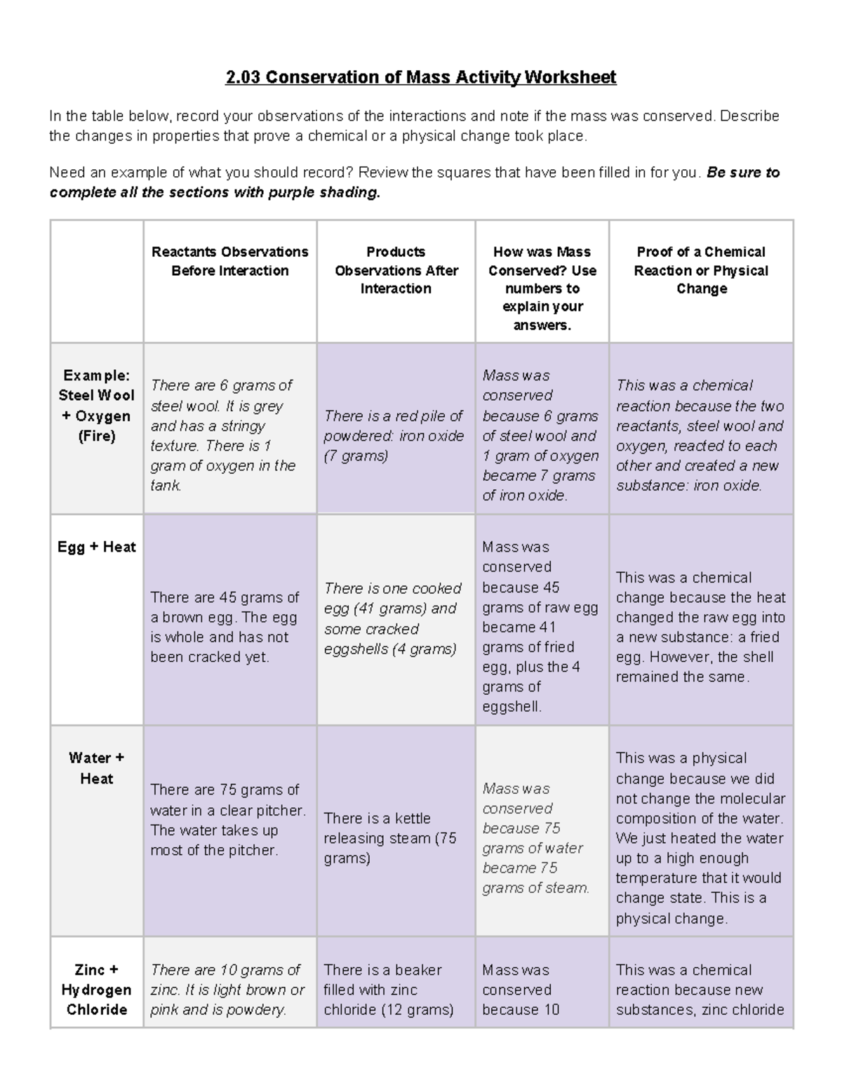 Conservation of Mass Activity Worksheet: Observations and Analysis ...