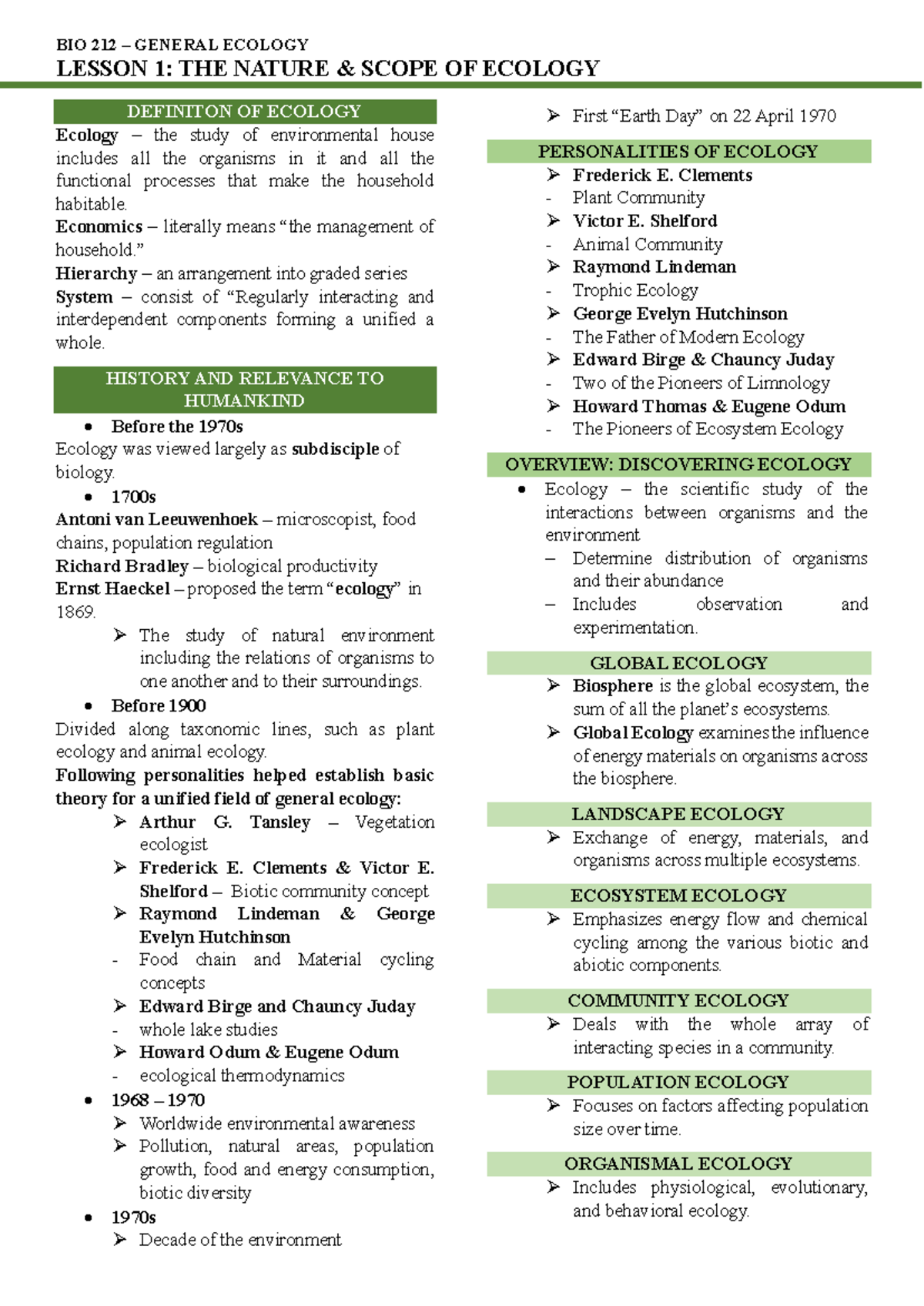 General Ecology Lesson 1: Nature, Scope, and Hierarchy of Ecology - Studocu