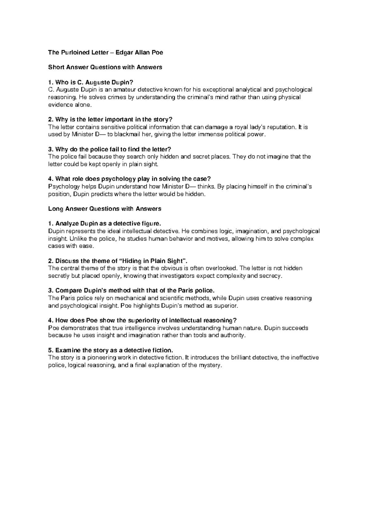 The Purloined Letter (ENG 101) Short Answer & Analysis QA - Studocu