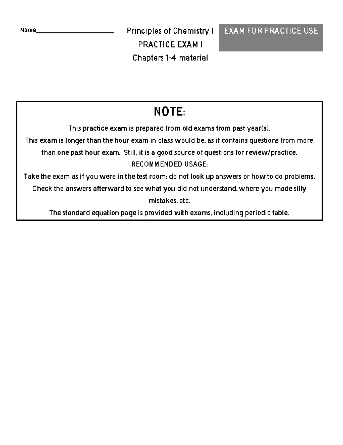 Principles of Chemistry I: Practice Exam I (Chapters 1-4) 3150:151 ...