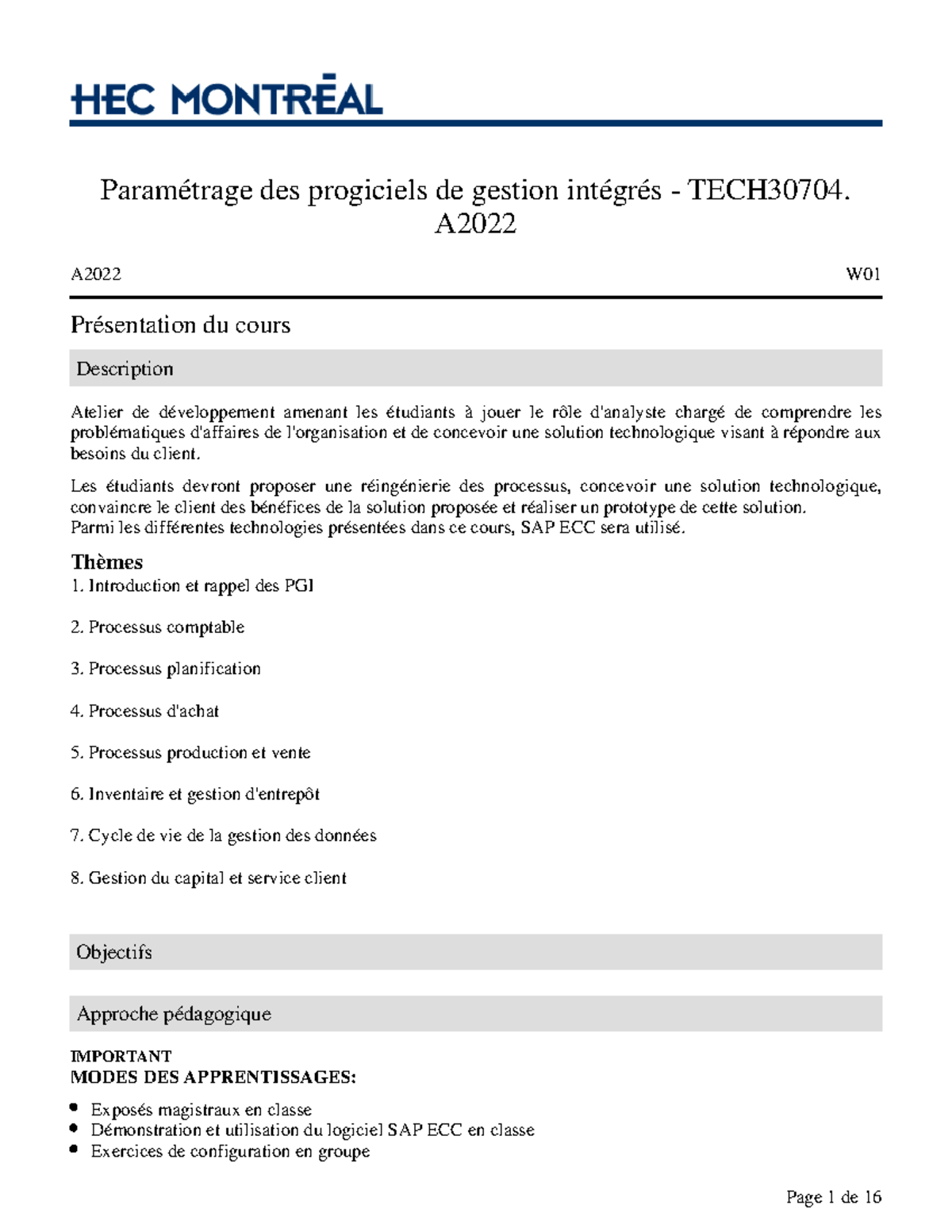TECH30704-syllabus - SYLLABUS - W01A Paramétrage des progiciels de ...