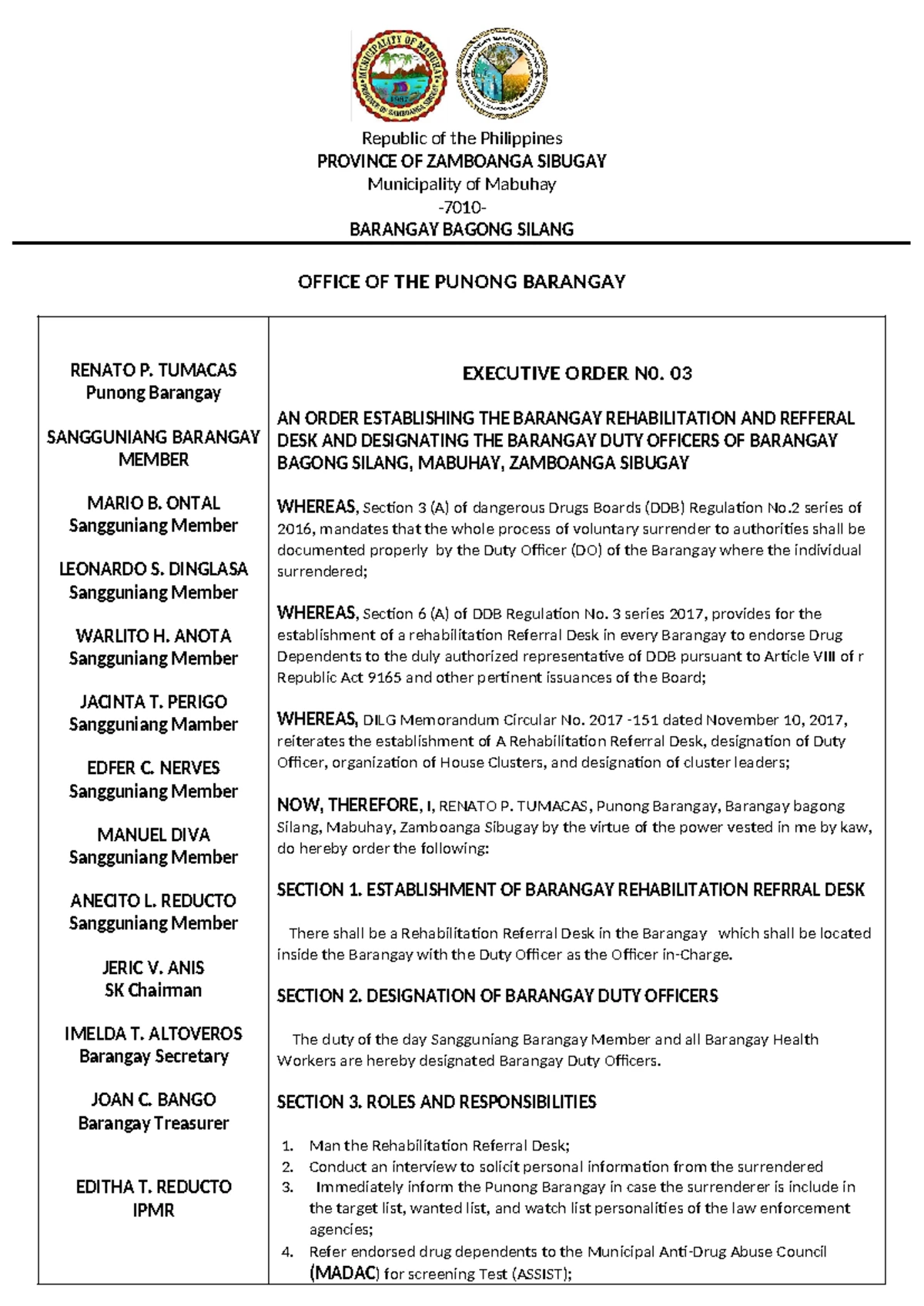 485076317 Minutes of Meetings: Peace & Order in Barangay Lupon - Studocu