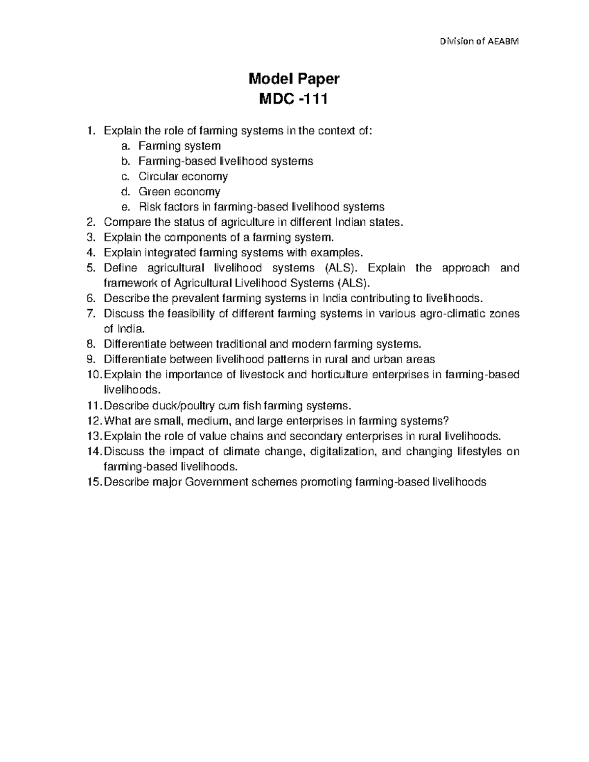 Model Paper MDC-111: Farming-Based Livelihood Systems Analysis - Studocu